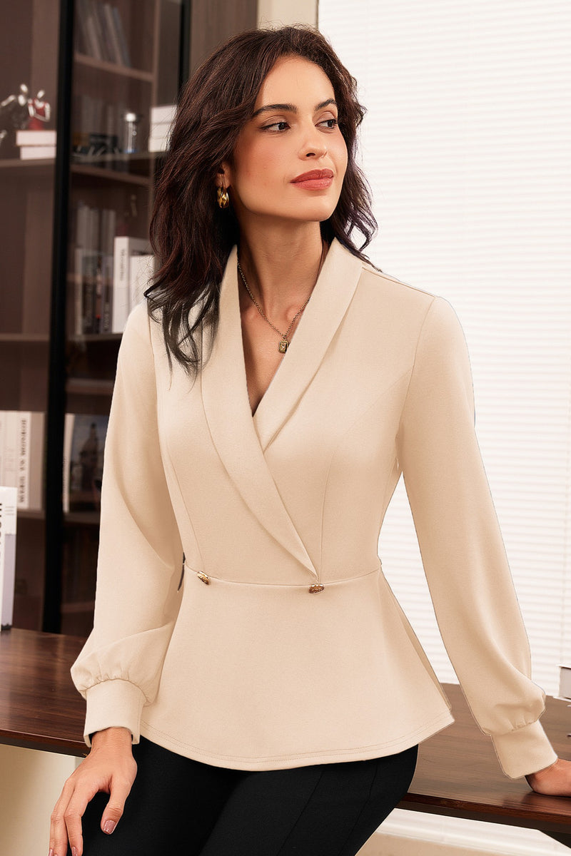 GK Women Peplum Hem Tops OL Long Sleeve Shawl Lapel Surplice V-Neck Tops
