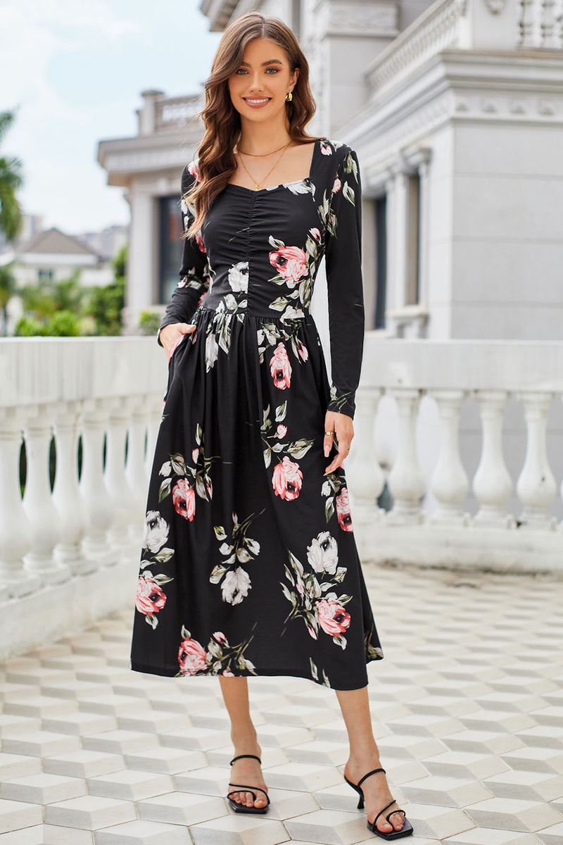 GK Women Ruched Maxi Dress Casual Long Sleeve Square V-Neck Flared A ...