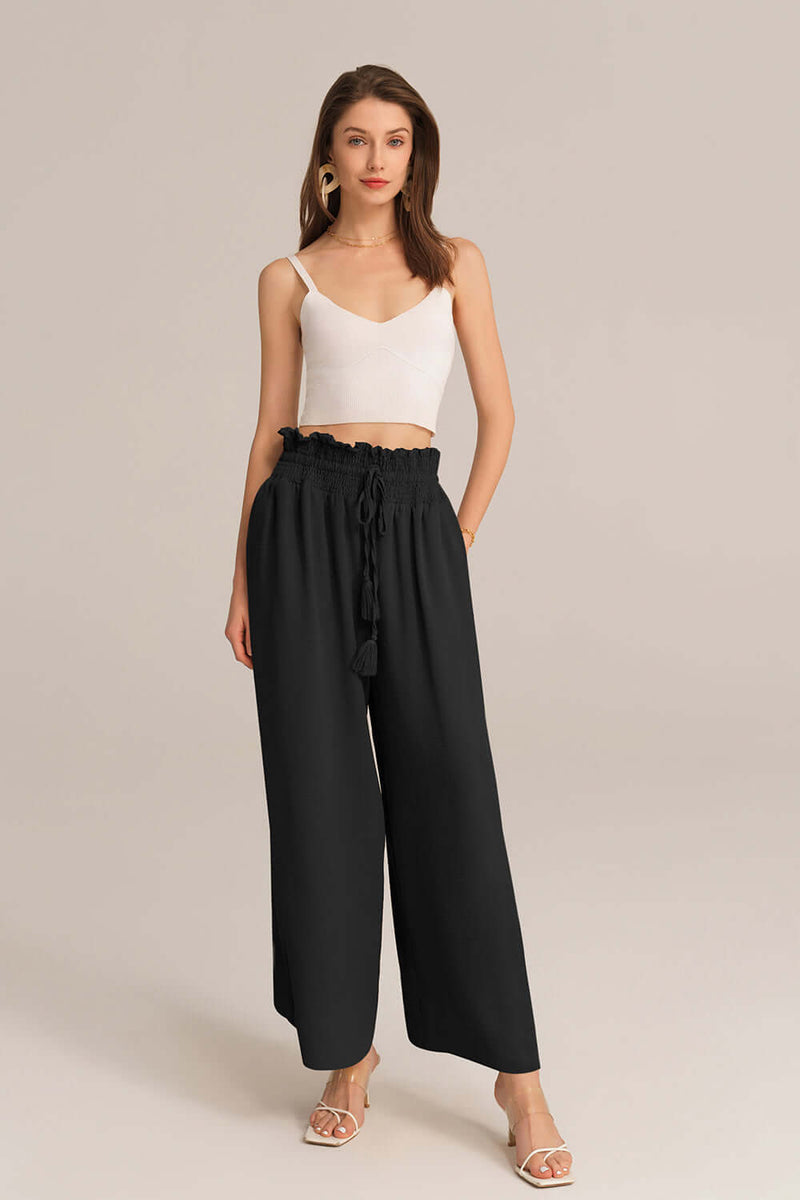 Bohemia Elastic Drawstring Waist Wide-leg Pants