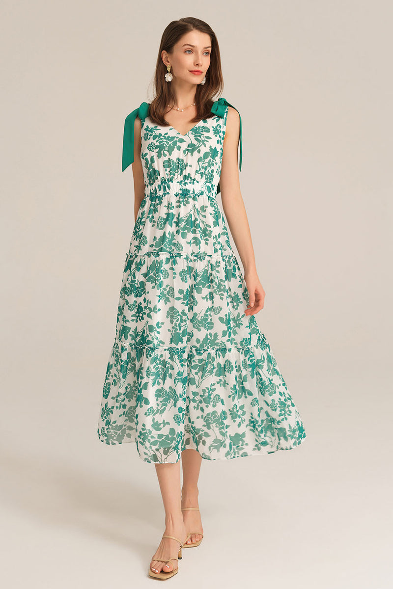 V-Neck Sleeveless Elastic Waist Tiered Flared Floral Midi Dress - Green